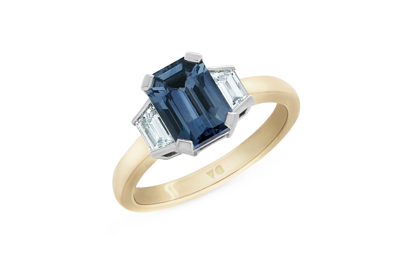 Nila: Blue Sapphire and Trapezoid Diamond Three Stone Ring – The ...