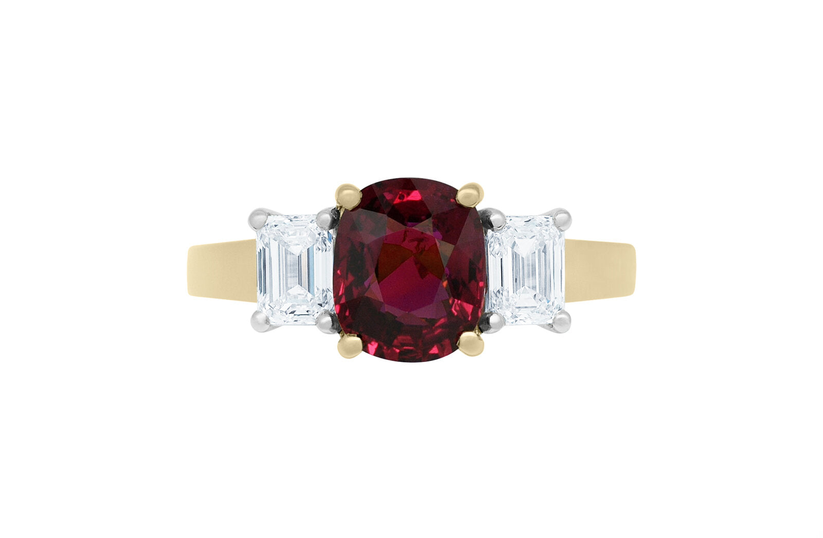 Vermilion: Cushion Cut Ruby and Emerald Cut Diamond Three Stone Ring ...